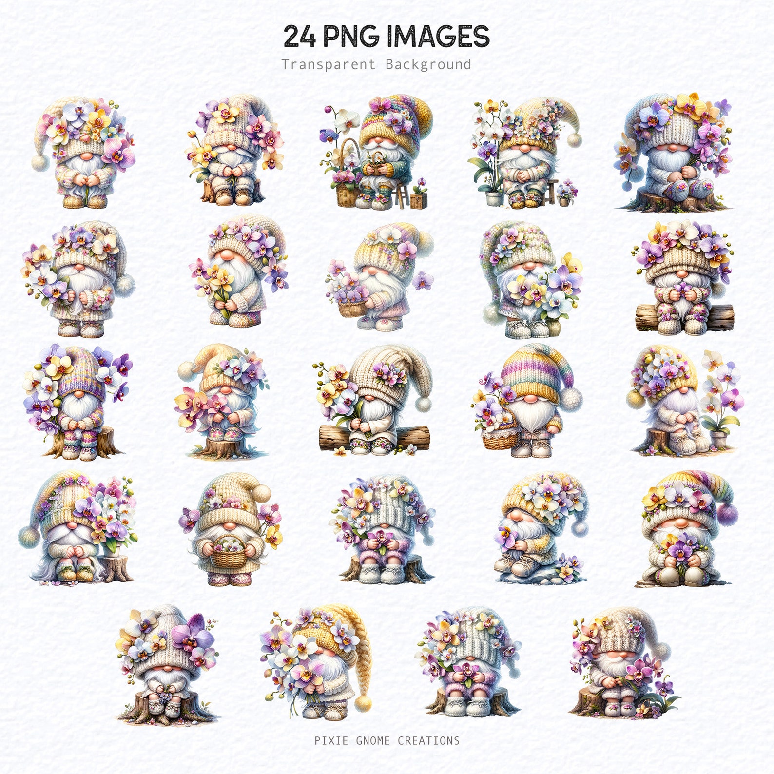 Watercolor Orchid Gnome Clipart Bundles, Gnome With Flowers, Clipart ...