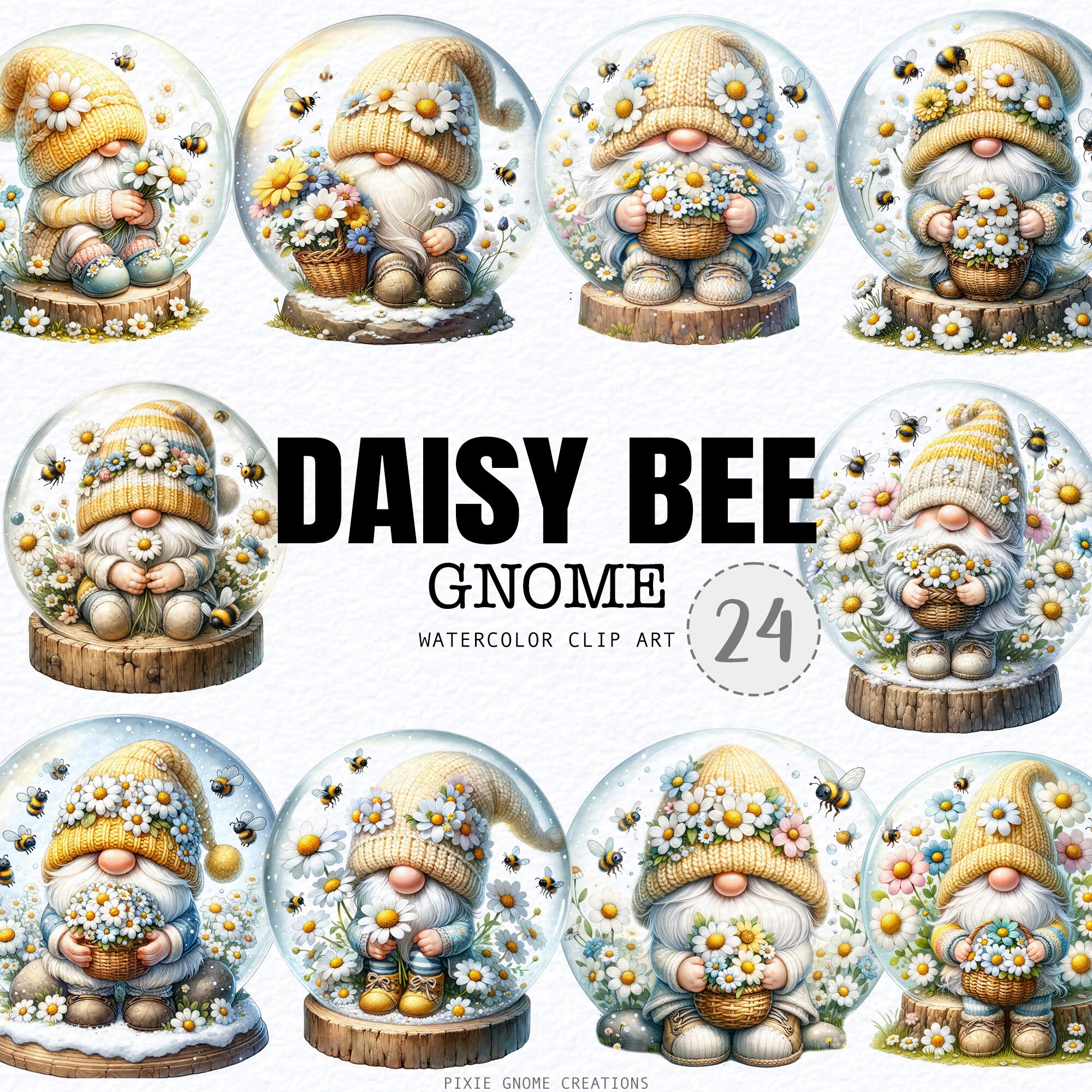 Watercolor Flower Bumble Bee Daysi Gnome Clipart Bundles, Sunflower ...
