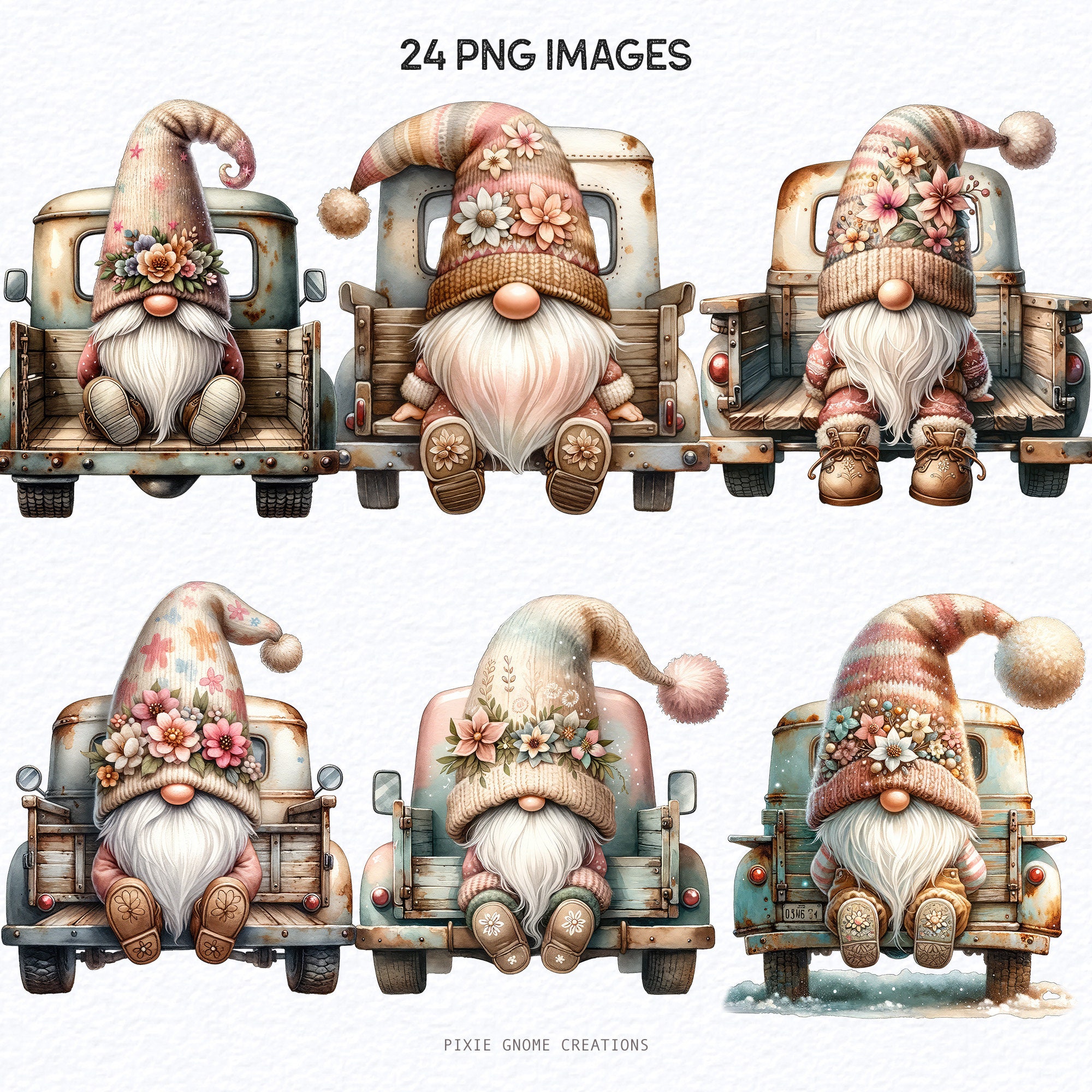 Watercolor Retro Truck Gnome Clipart PNG Bundle, Garden Gnome With ...