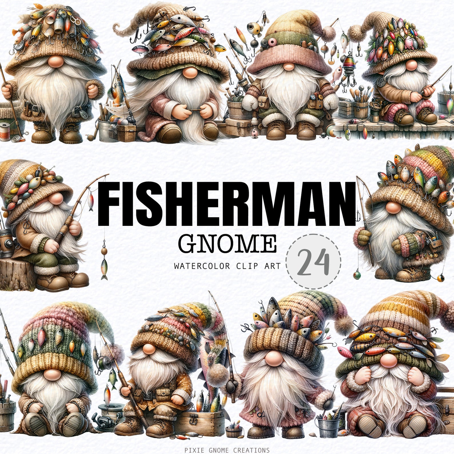 Watercolor Fisherman Gnome Clipart Bundle Png, Fishing Gnome, Fly ...