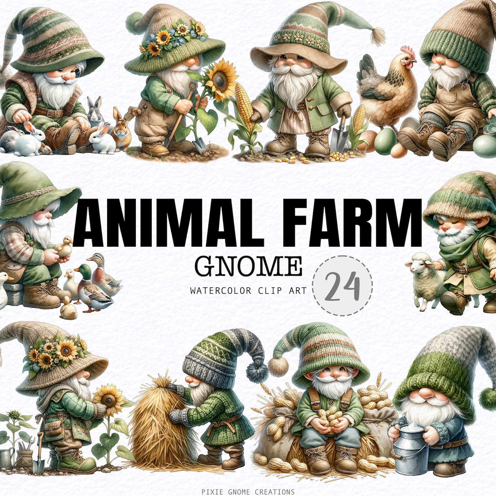 Watercolor Animal Farm Gnome Png Clipart Bundle, Farmers Market Clipart ...