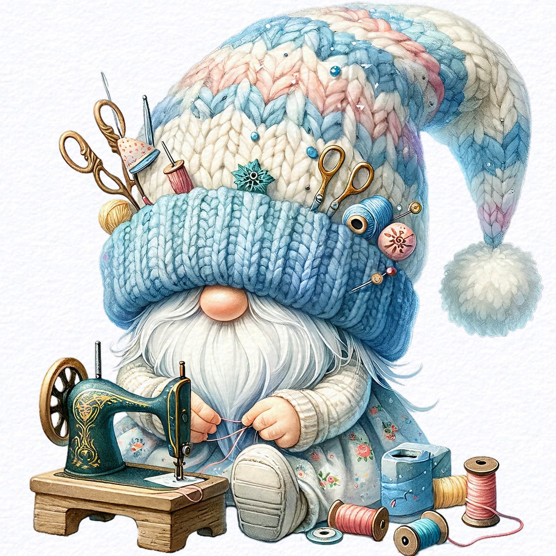 Watercolor Sewing Gnome Clipart PNG Bundle, Sewing Machine, Quilt ...