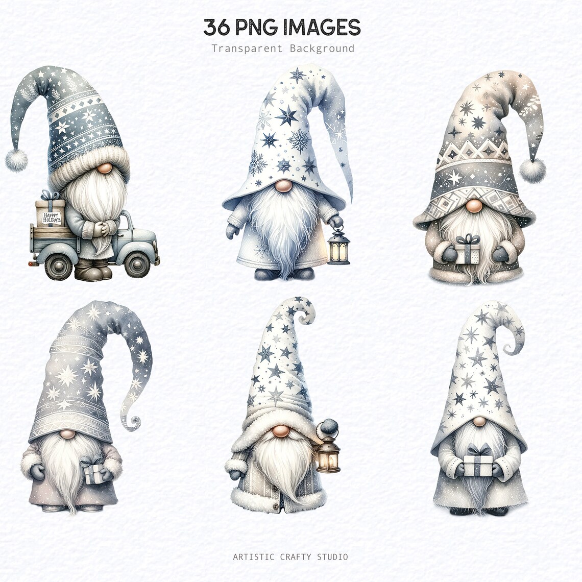 36 Watercolor Gnome Bundle Png, Watercolor White Christmas Gnomes ...