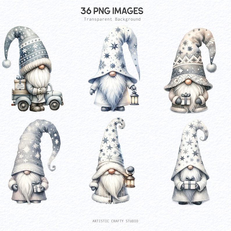 36 Watercolor Gnome Bundle Png, Watercolor White Christmas Gnomes ...