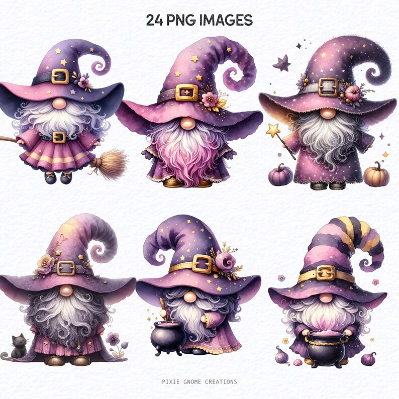 Watercolor Witch Gnome Clipart PNG Bundle, Witches Fortune Gnome ...