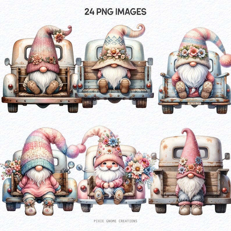 Watercolor Retro Truck Gnome Clipart PNG Bundle, Garden Gnome With ...