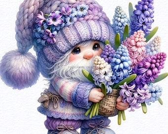 Watercolor Forget Me Not Flower Wreath Gnome Clipart Bundles, Gnome ...