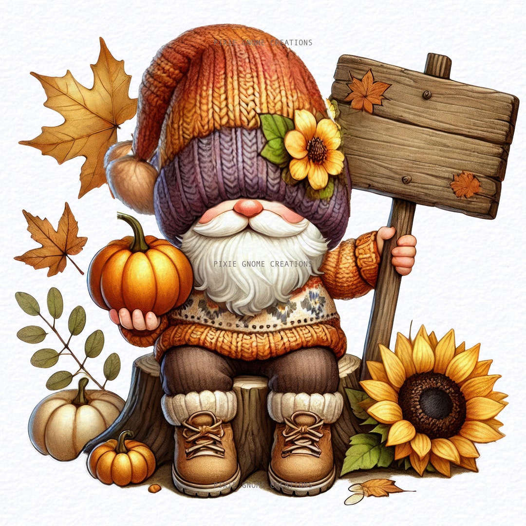 Watercolor Hello Fall Gnome With Wood Sign Clipart PNG Bundle, Autumn ...