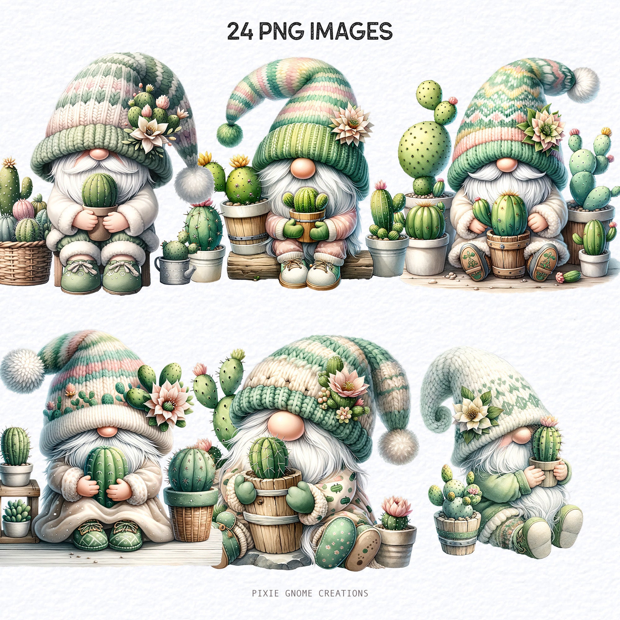 Watercolor Flowering Cactus Gnome Clipart Bundle Png, Succulent Garden ...