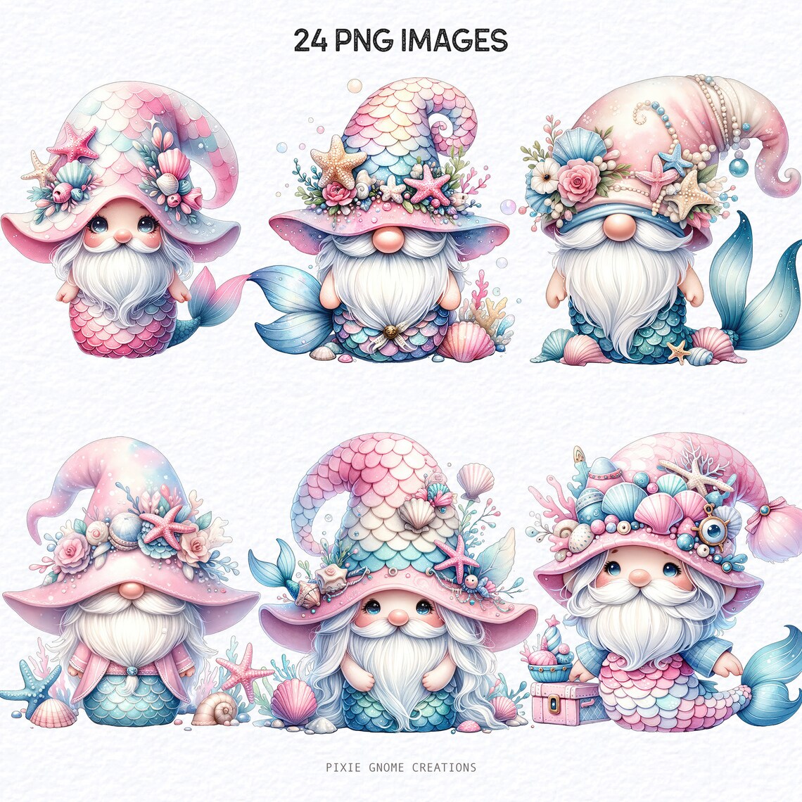 Watercolor Mermaid Gnome Clipart Bundles, Cute Fairytale Clipart ...