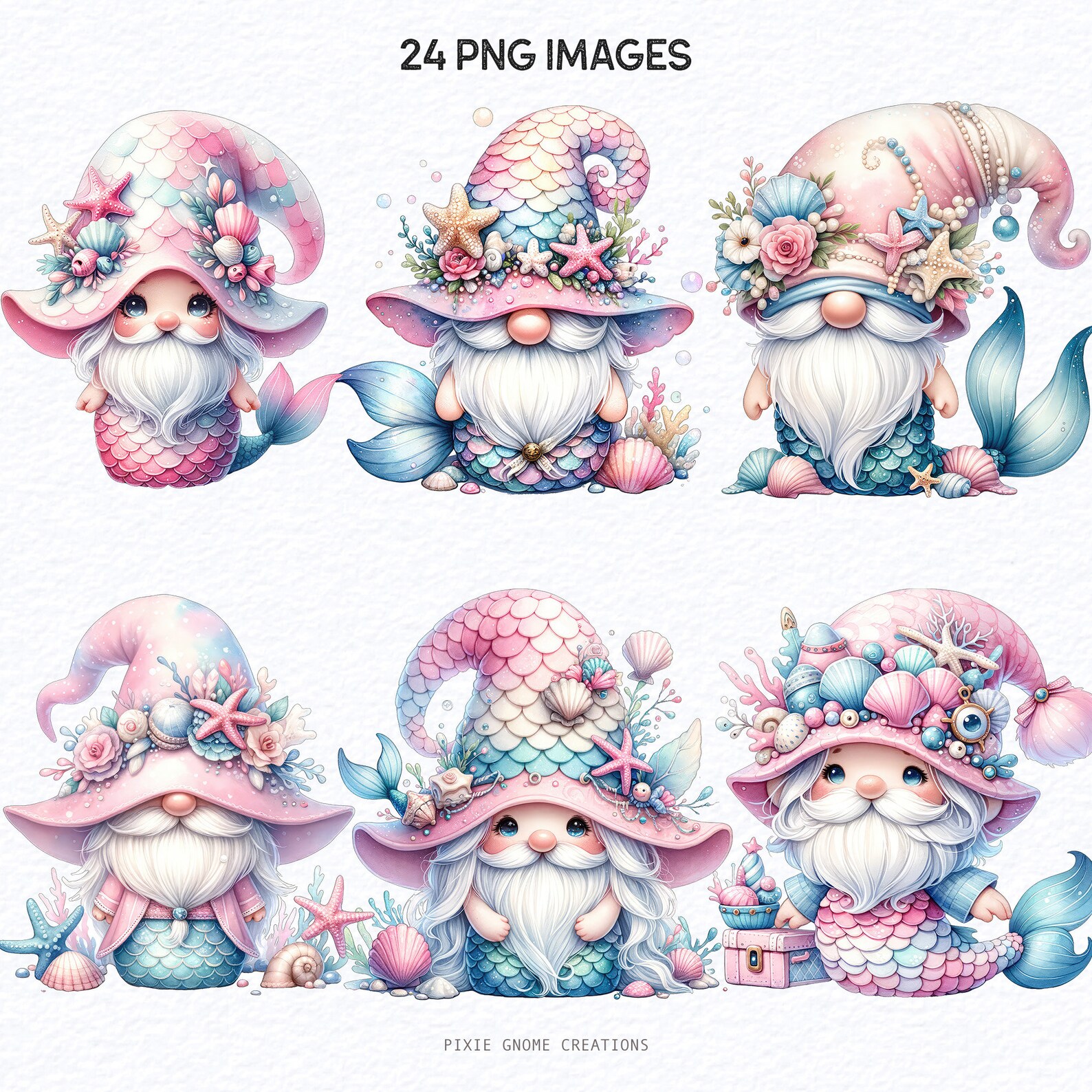 Watercolor Mermaid Gnome Clipart Bundles, Cute Fairytale Clipart ...