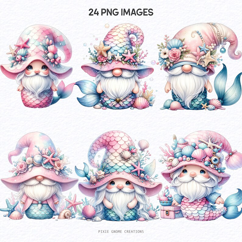 Watercolor Mermaid Gnome Clipart Bundles, Cute Fairytale Clipart ...