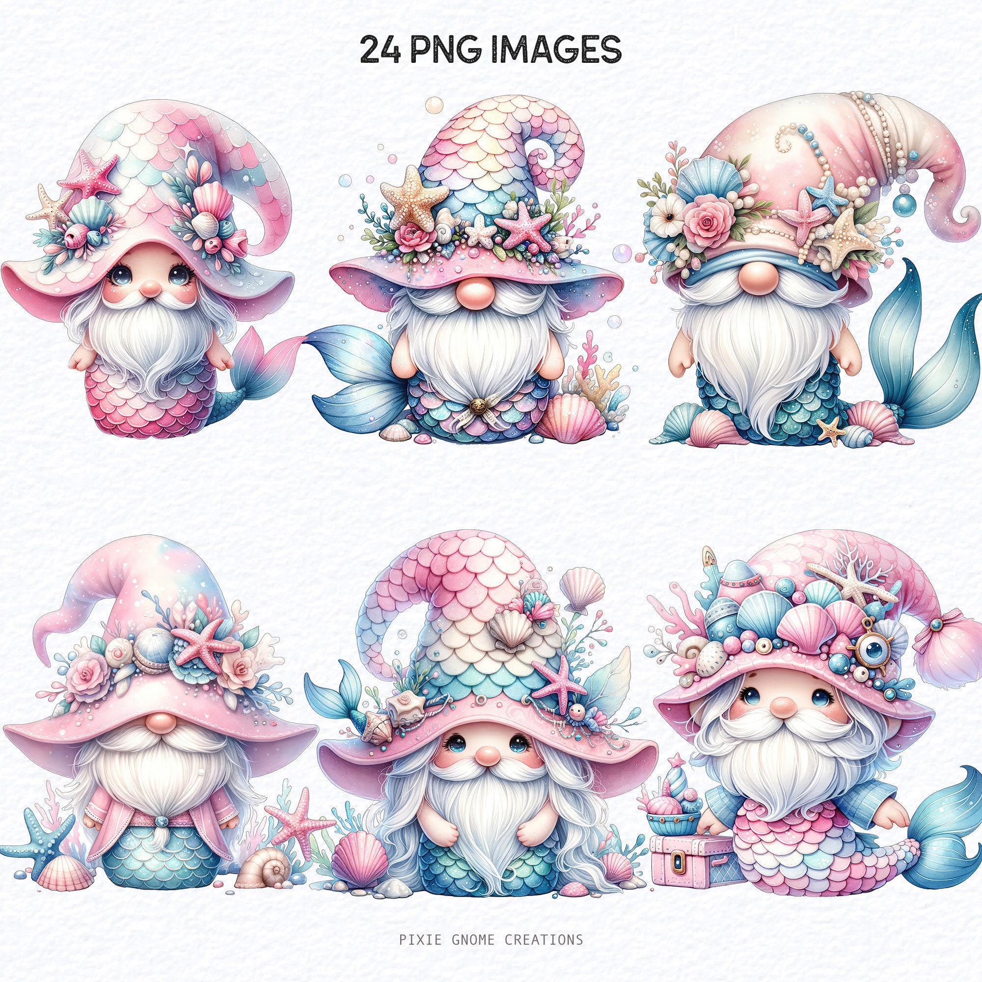 Watercolor Mermaid Gnome Clipart Bundles, Cute Fairytale Clipart ...