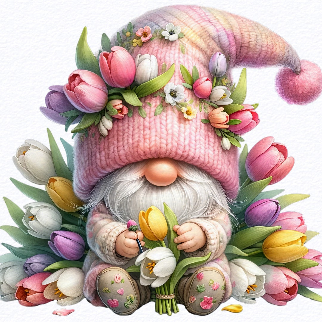 Watercolor Valentines Tulips Floral Gnome Clipart PNG Bundle, Garden ...