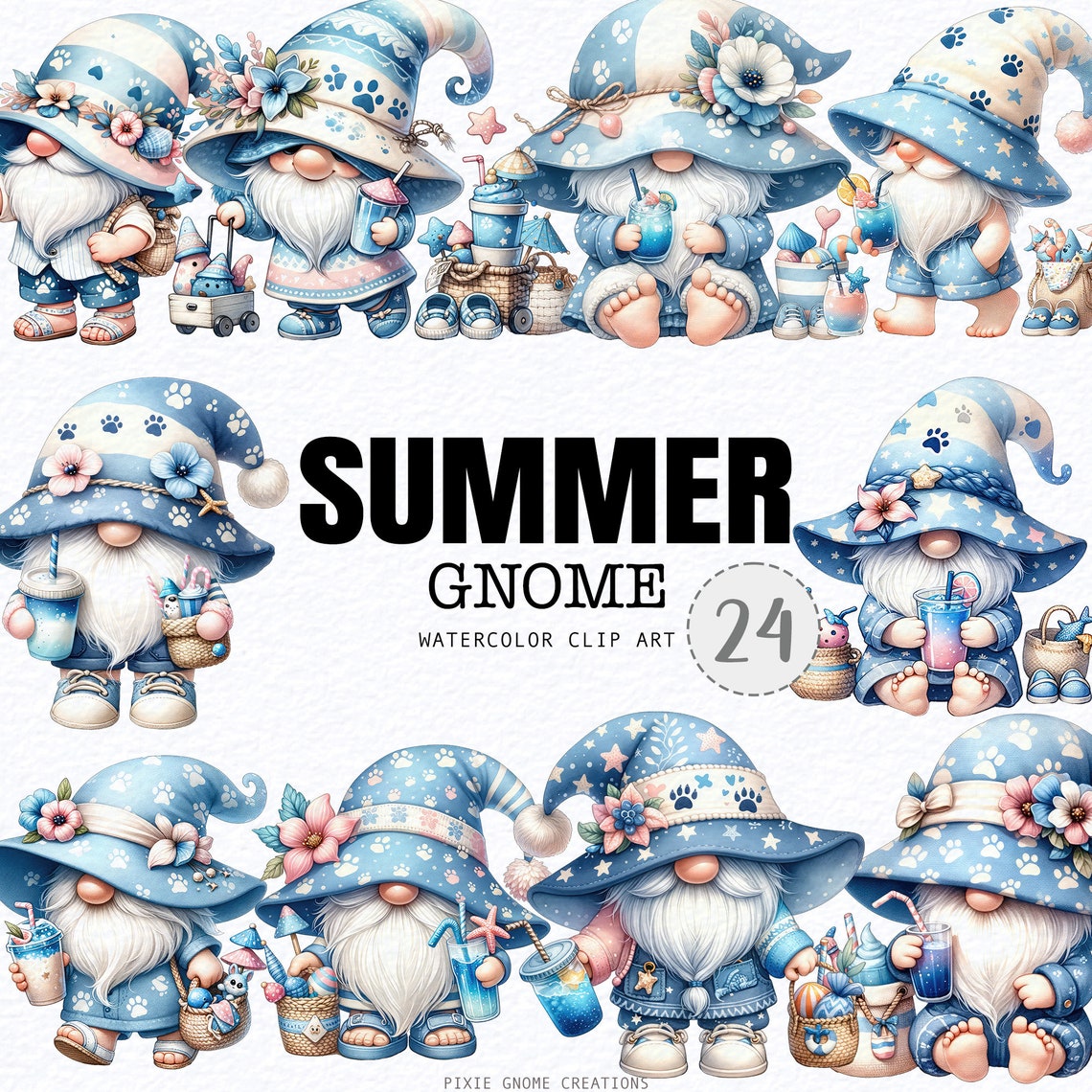 Watercolor Summer Beach Gnome Clipart Bundle Png, Seashell Starfish ...