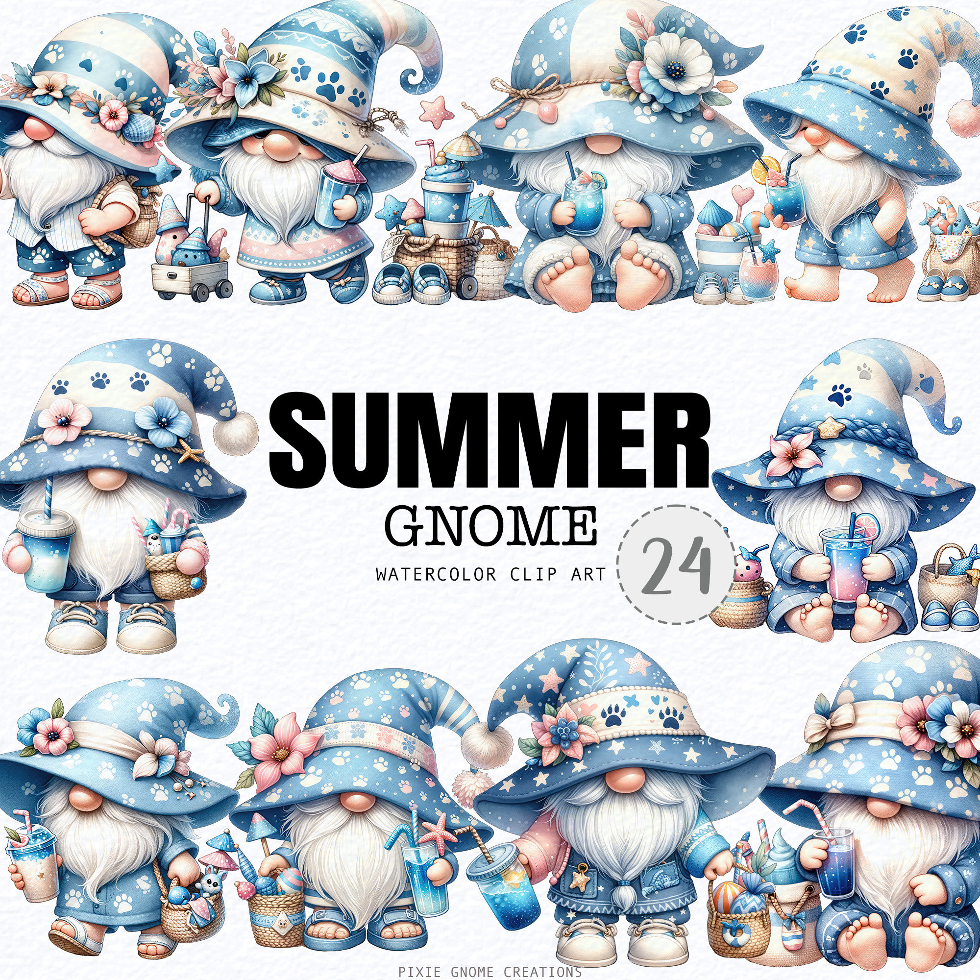 Watercolor Summer Beach Gnome Clipart Bundle Png, Seashell Starfish ...