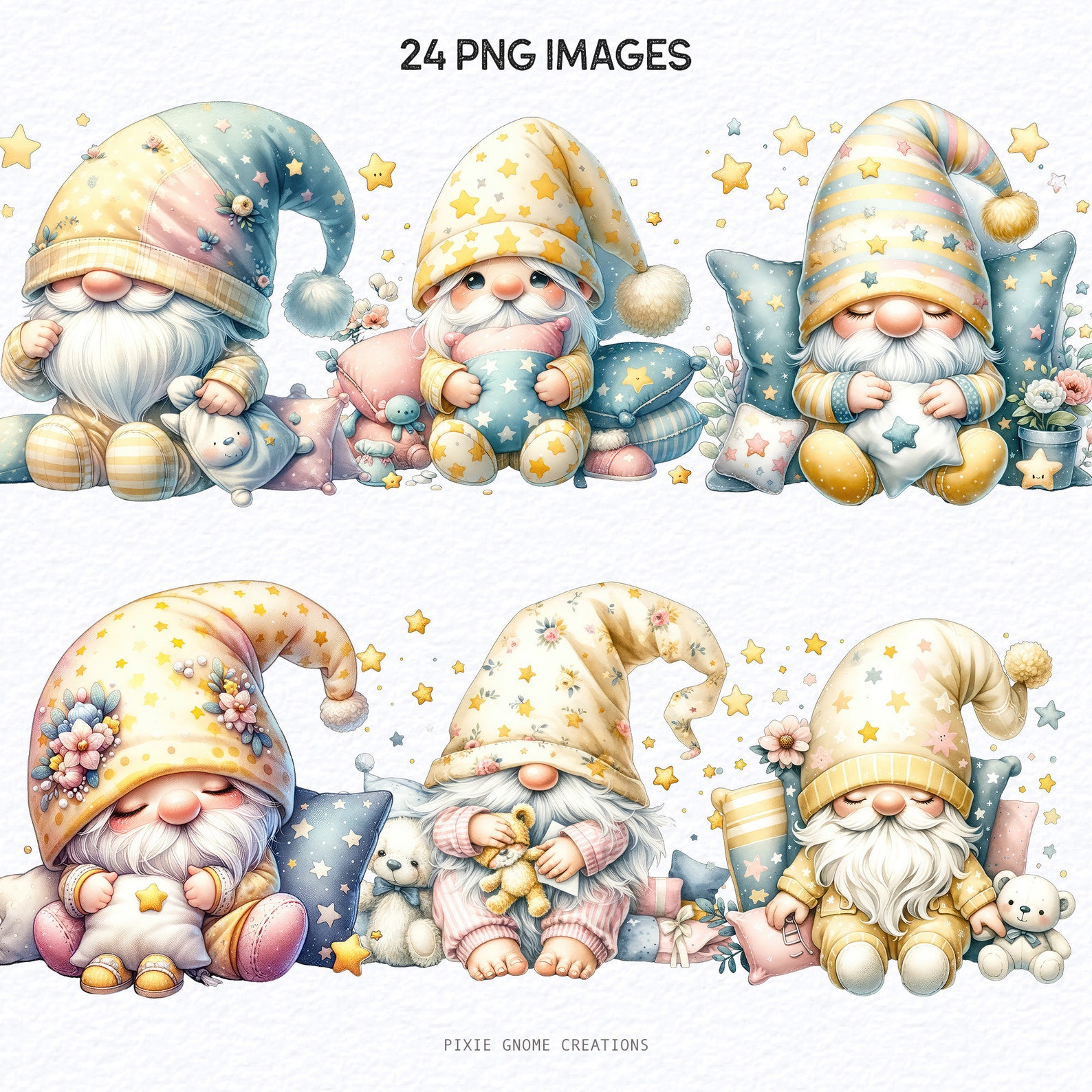 Watercolor Pastel Pijamas Gnome Clipart PNG Bundle, Cute Bed Time ...