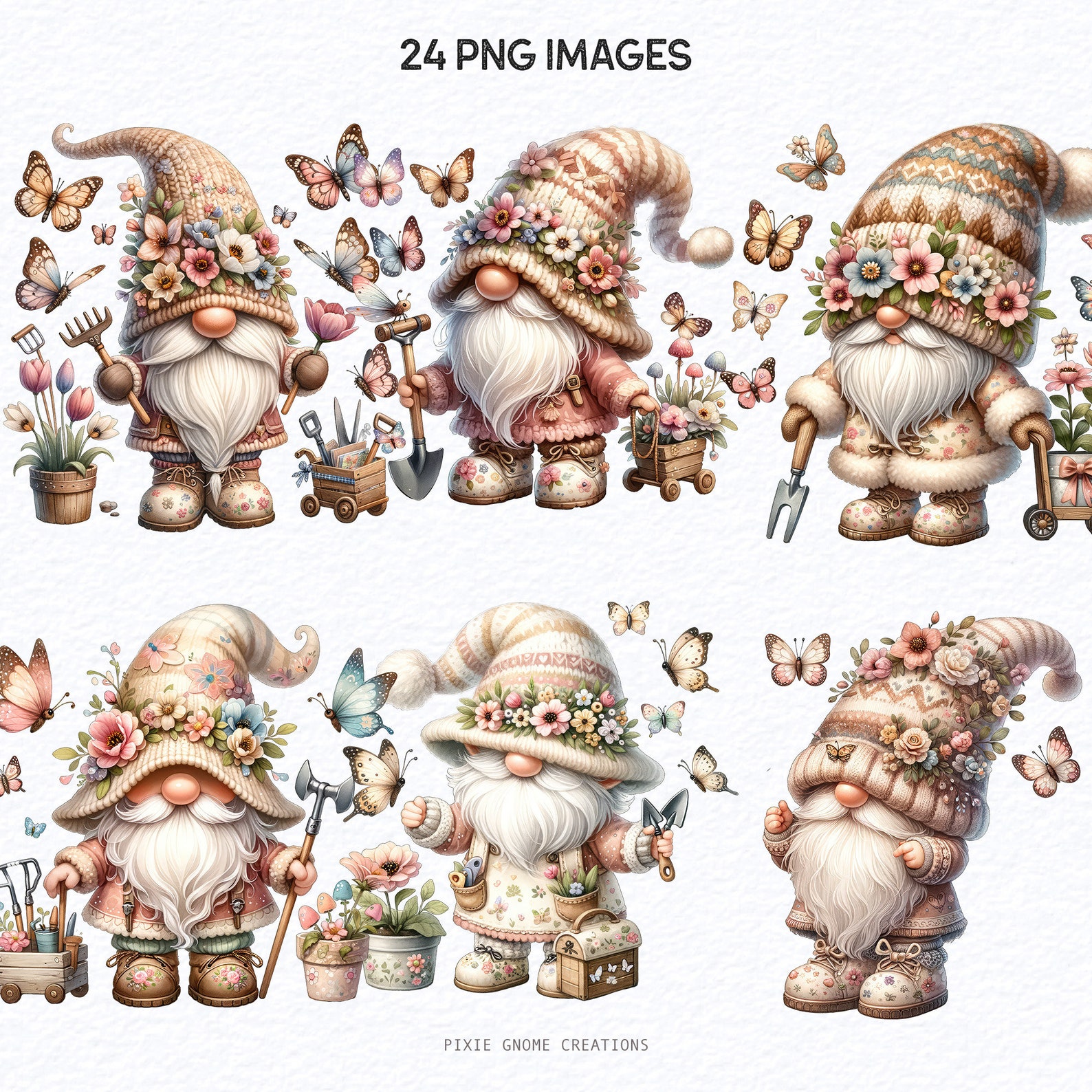 Watercolor Garden Gnome Clipart PNG Clipart Bundle, Gnome With Flowers ...