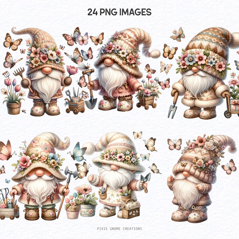 Watercolor Garden Gnome Clipart PNG Clipart Bundle, Gnome With Flowers ...