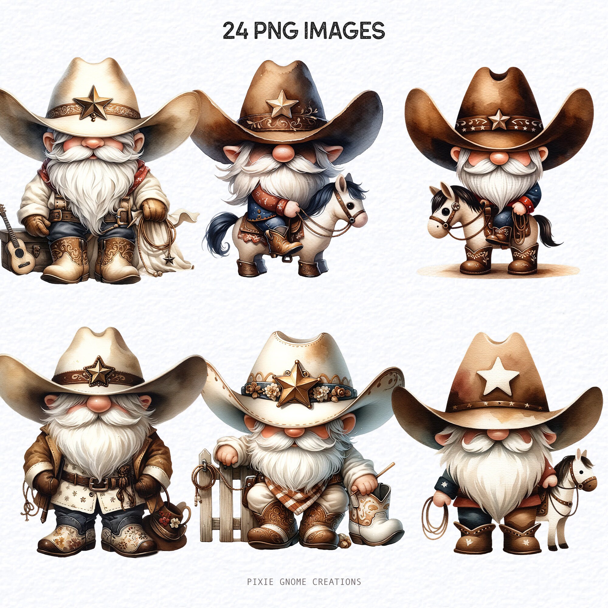 Watercolor Cowboy Gnome Clipart PNG Bundle, Western Gnome, Country ...