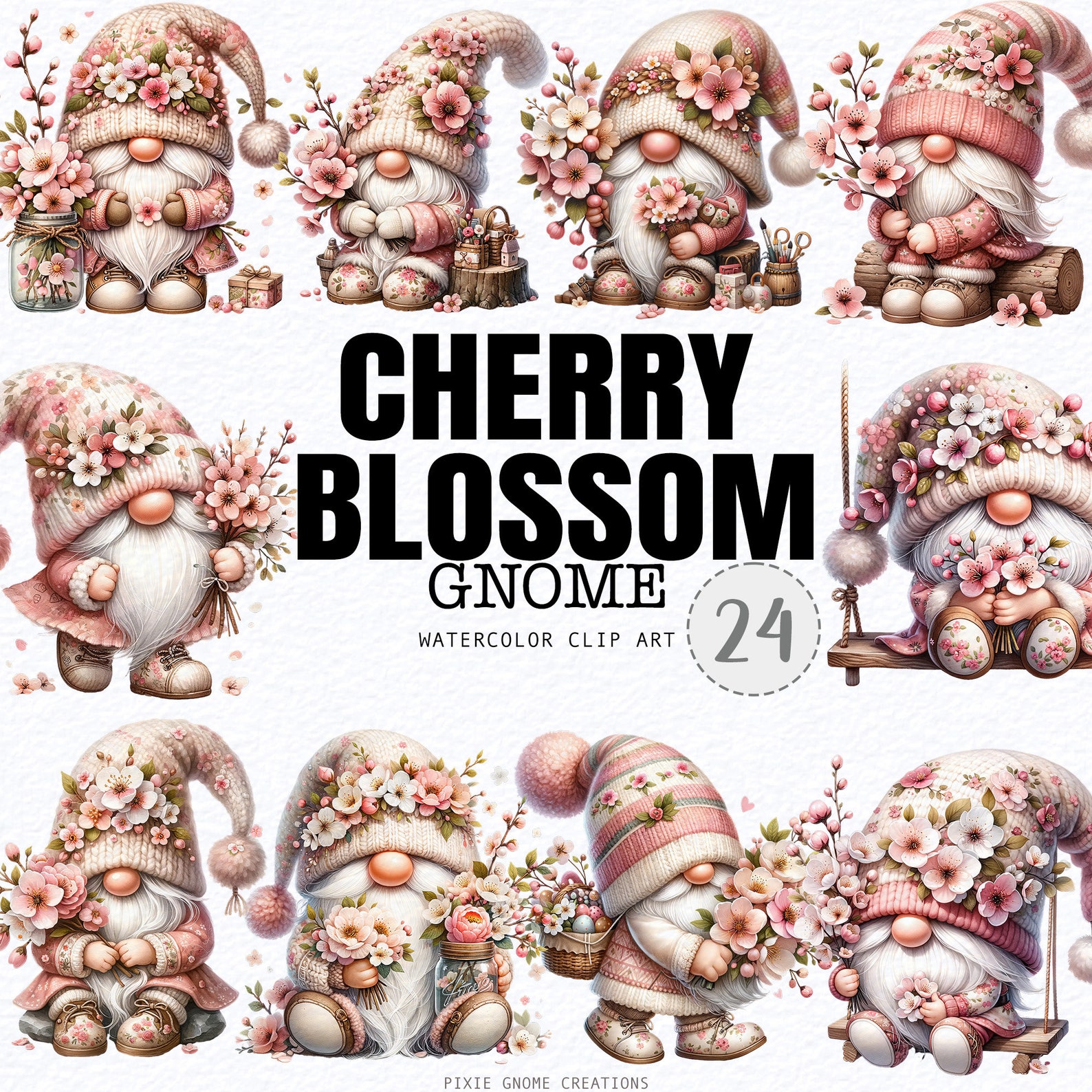 Watercolor Pink Cherry Blossom Gnomes Png, Cute Floral Gnome ...