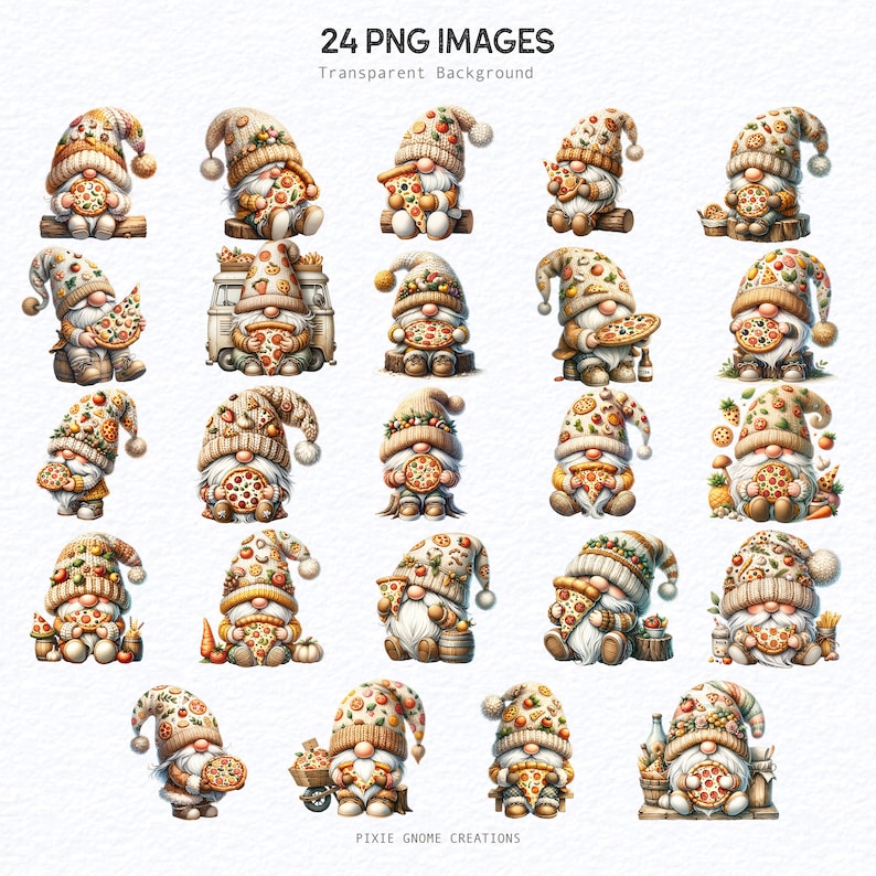 Watercolor Pizza Gnome Clipart PNG Bundle, Papa Pizza Gnome, Pizza ...