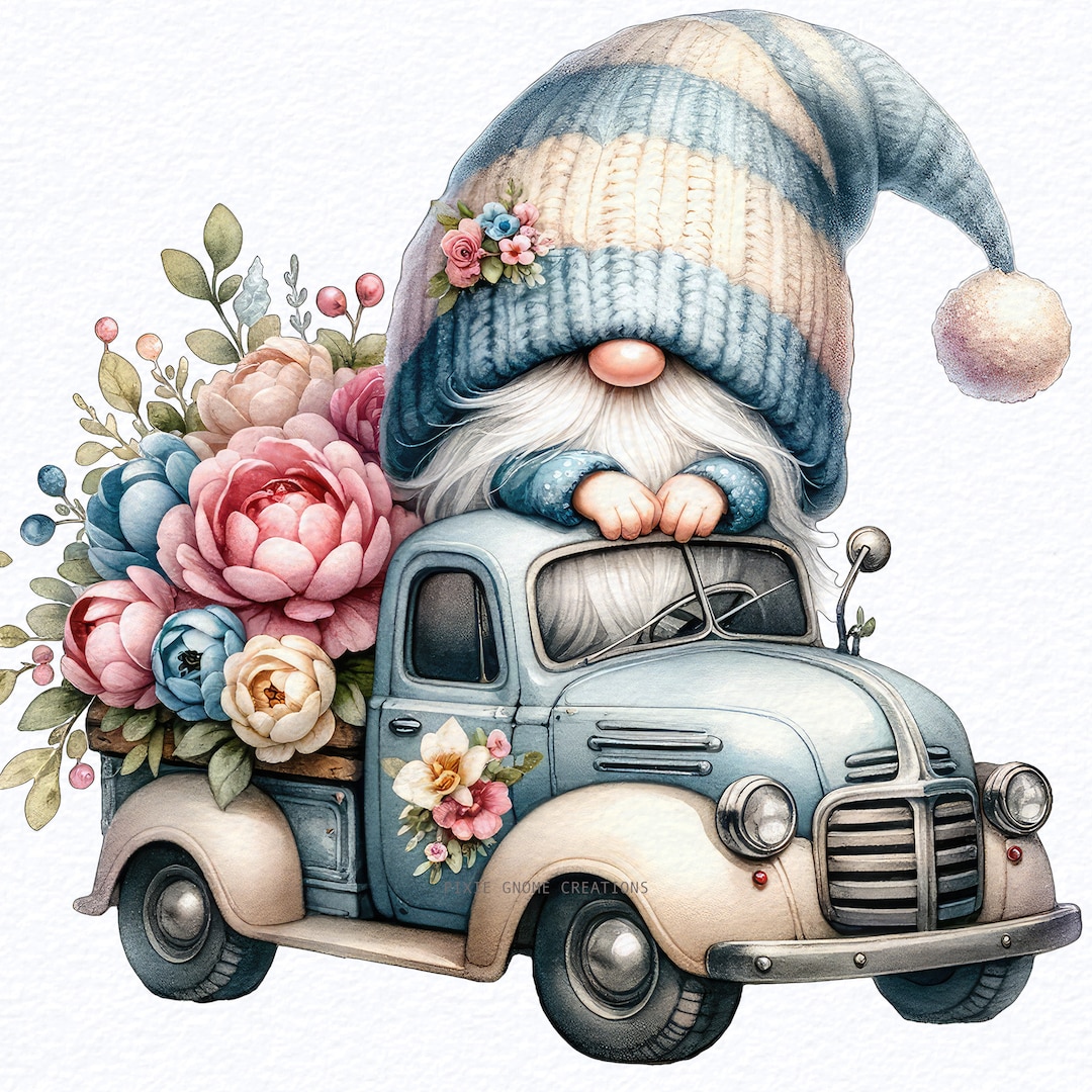 Watercolor Retro Truck Gnome Clipart PNG Bundle, Garden Gnome With ...