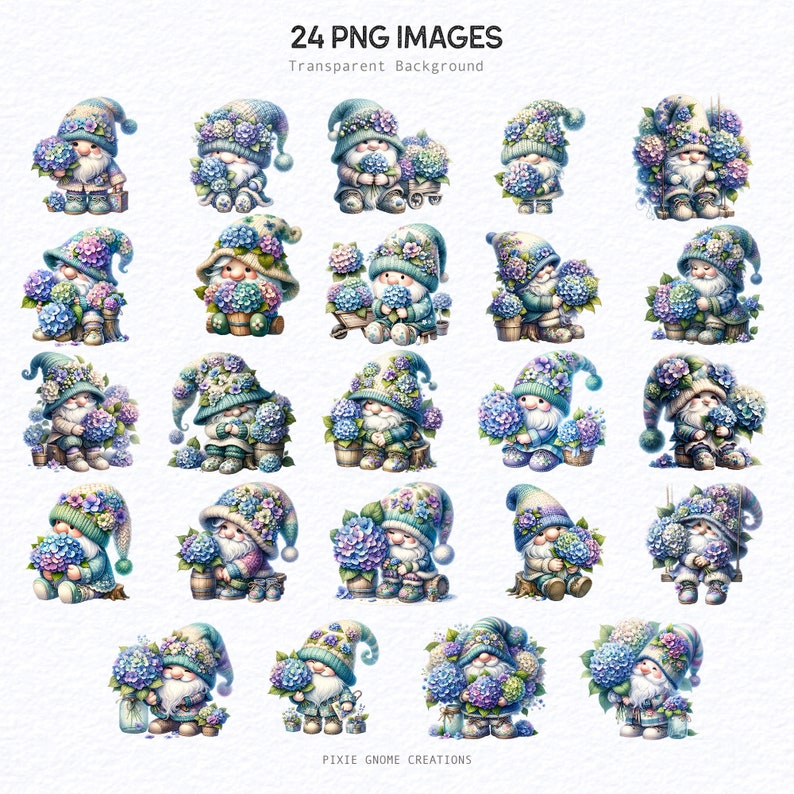 Watercolor Hydrangeas Gnomes Png, Cute Floral Gnome, Valentines Gnomes ...