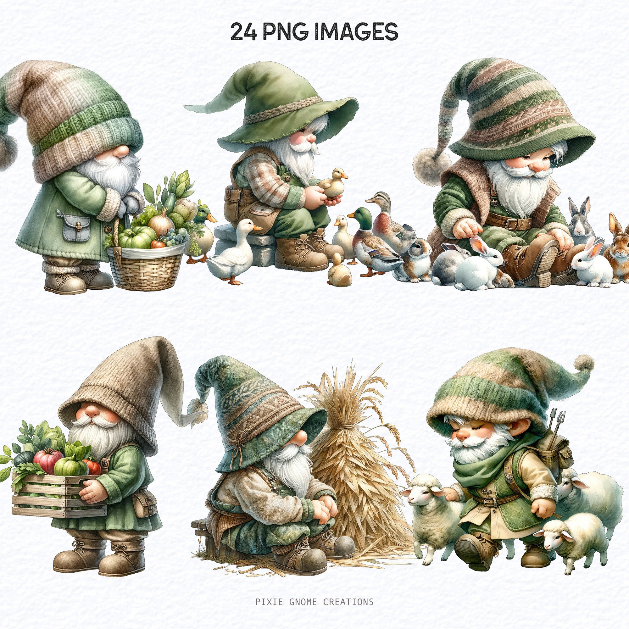 Watercolor Animal Farm Gnome Png Clipart Bundle, Farmers Market Clipart ...