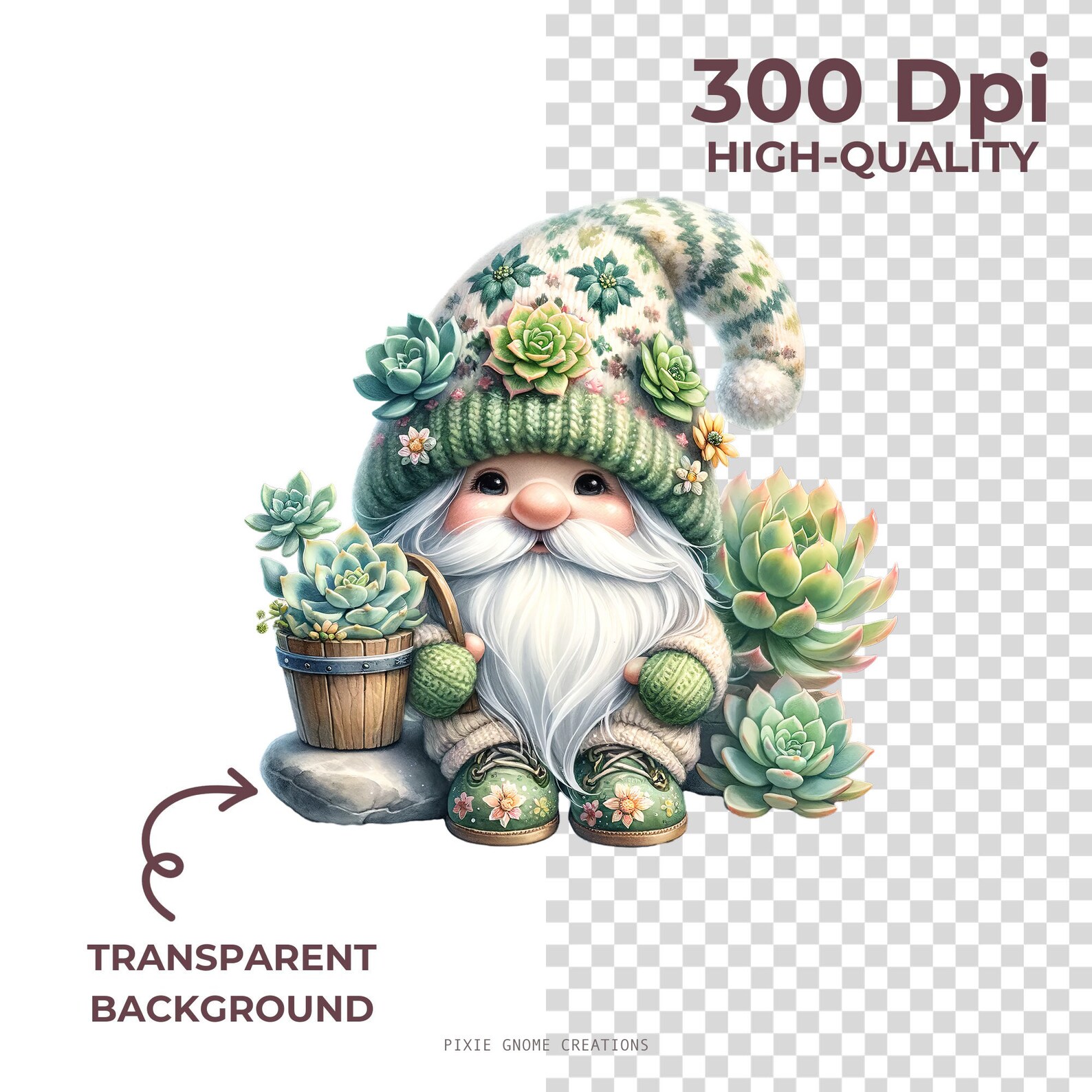 Watercolor Succulent Cactus Gnome Clipart Bundle Png, Succulent Garden ...