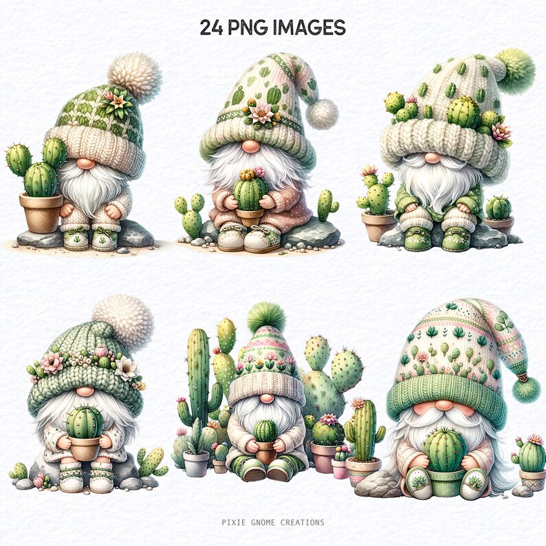 Watercolor Flowering Cactus Gnome Clipart Bundle Png, Succulent Garden ...
