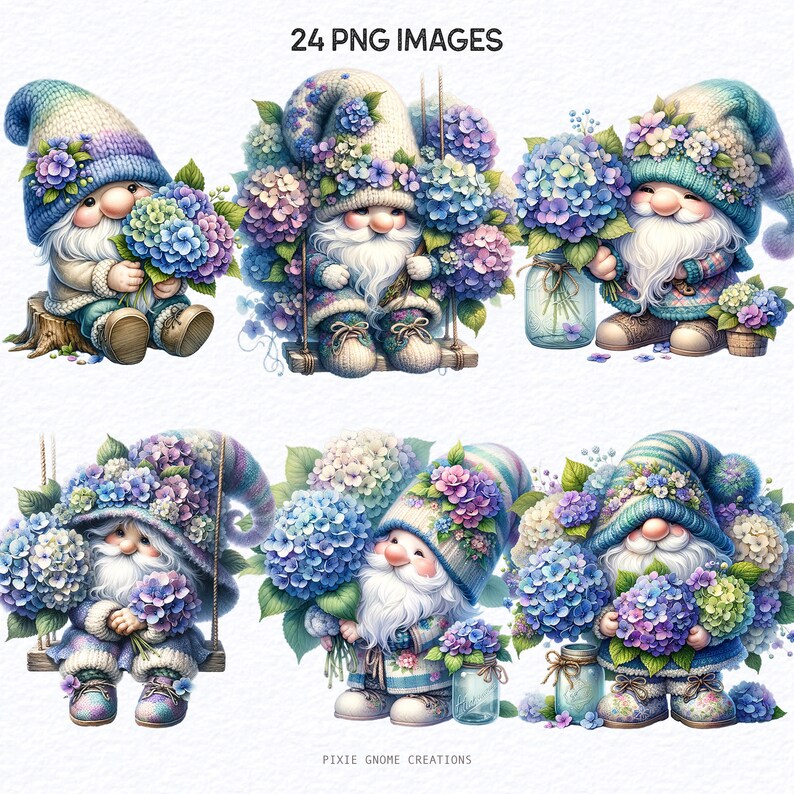 Watercolor Hydrangeas Gnomes Png, Cute Floral Gnome, Valentines Gnomes ...