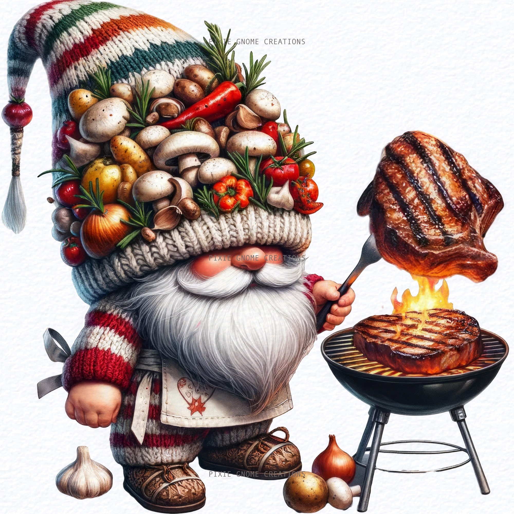 Watercolor Steak Gnome Clipart Bundle Png, Summer BBQ Gnome, Grill ...
