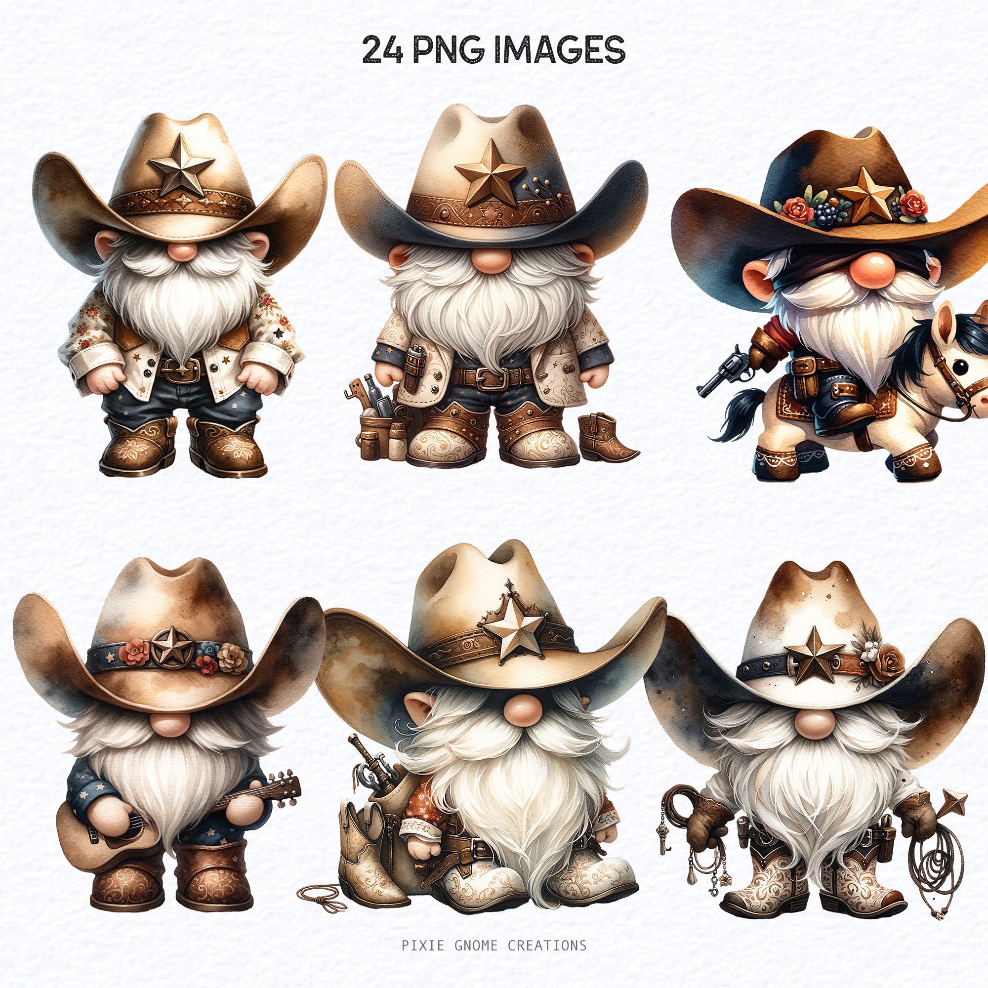 Watercolor Cowboy Gnome Clipart PNG Bundle, Western Gnome, Country ...