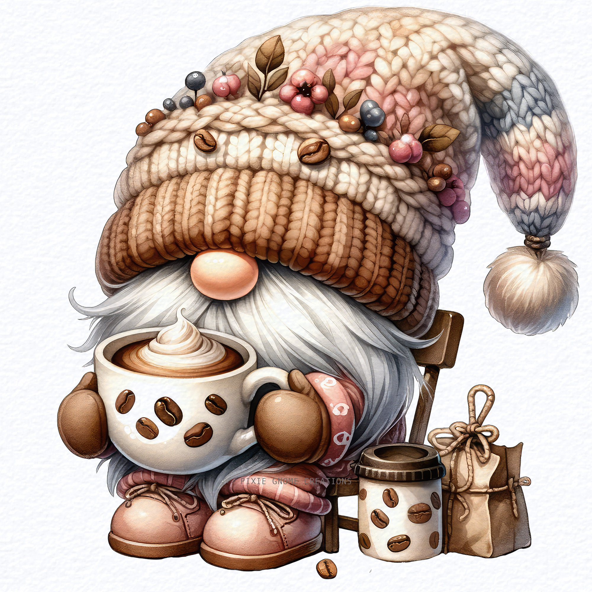 Watercolor Pink Coffee Beans Gnome ,coffee Gnomes Png, Coffee Latte ...