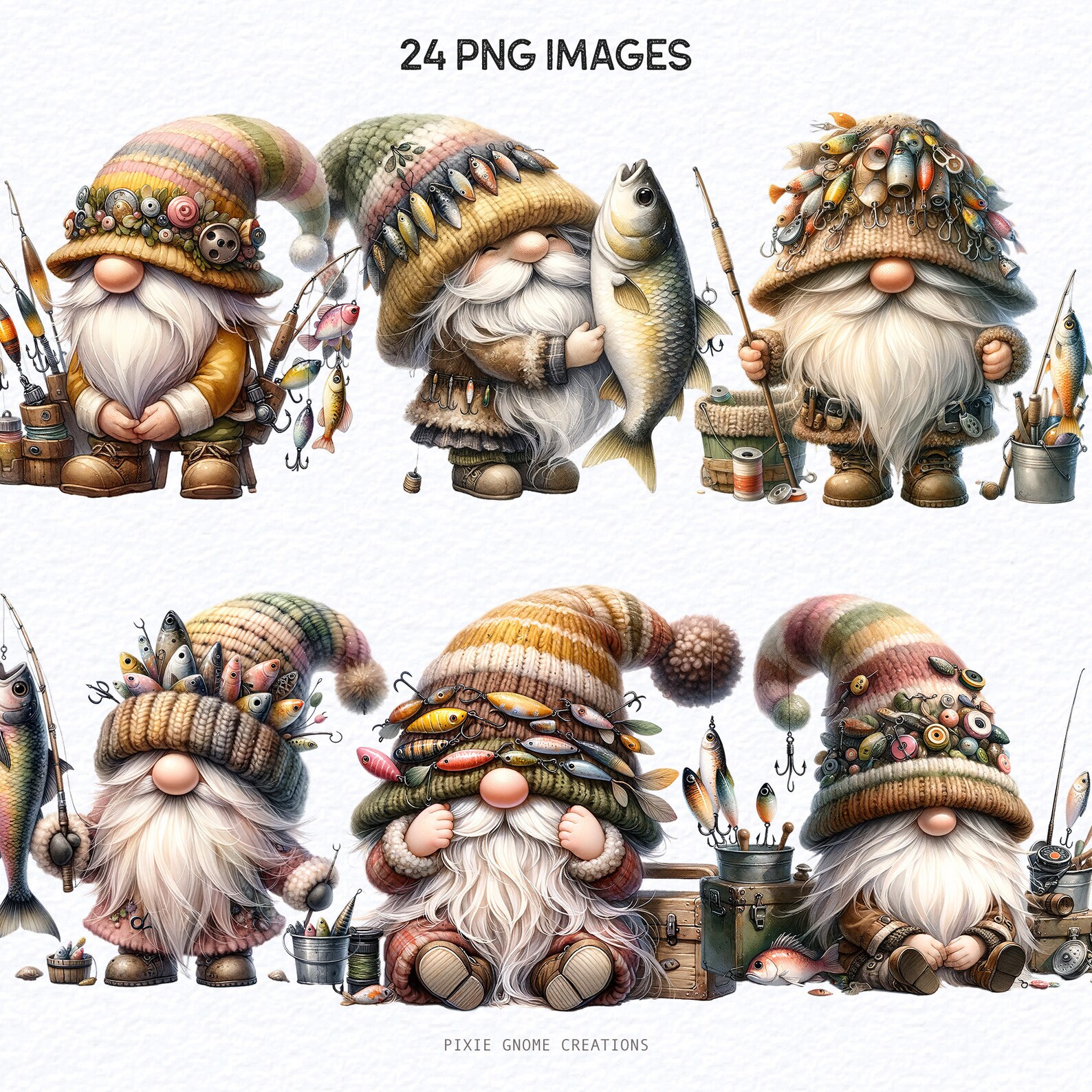 Watercolor Fisherman Gnome Clipart Bundle Png, Fishing Gnome, Fly ...