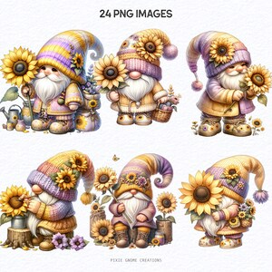 Watercolor Summer Garden Sunflowers Gnome Clipart Bundle Png, Garden ...