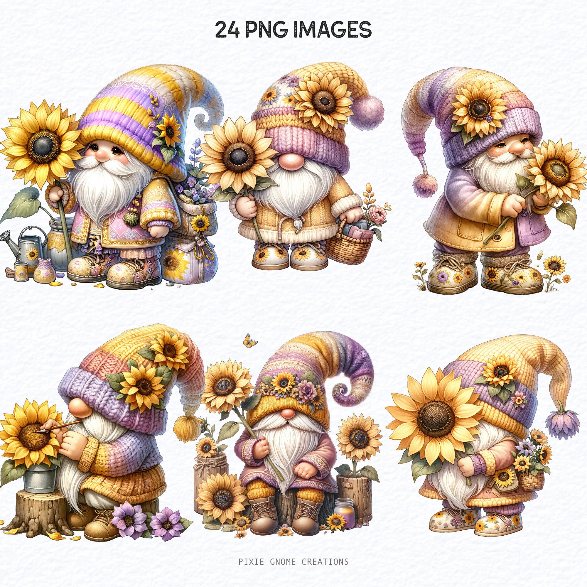 Watercolor Summer Garden Sunflowers Gnome Clipart Bundle Png, Garden ...