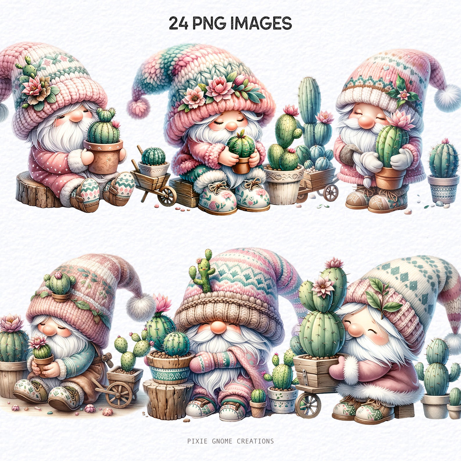 Watercolor Flowering Cactus Gnome Clipart Bundle Png, Succulent Garden ...