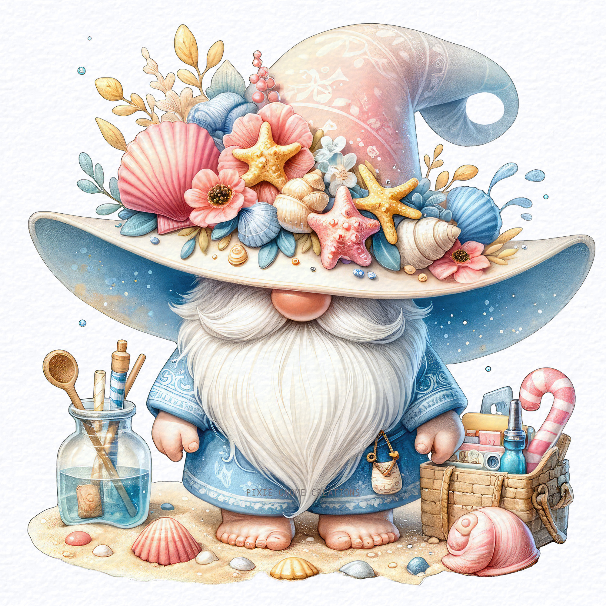 Watercolor Summer Beach Gnome Clipart Bundle Png, Seashell Starfish ...