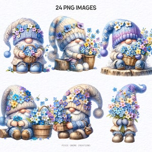 Watercolor Forget Me Not Flower Wreath Gnome Clipart Bundles, Gnome ...