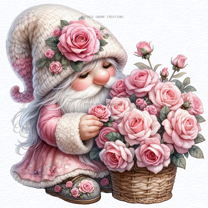 Watercolor Valentines Rose Floral Gnome Clipart PNG Bundle, Garden ...