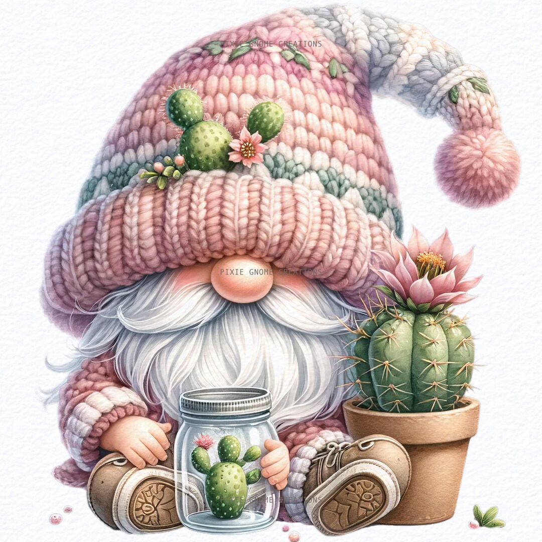 Watercolor Flowering Cactus Gnome Clipart Bundle Png, Succulent Garden ...