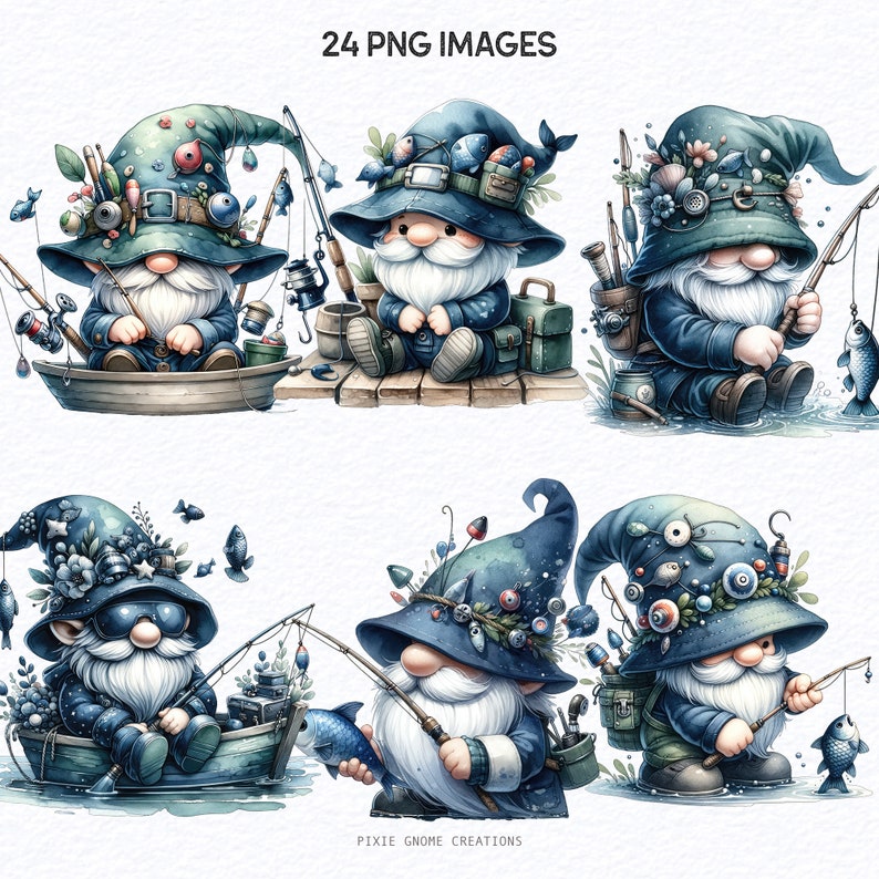 Watercolor Fishing Gnome Clipart Bundle Png, Fisherman Gnome, Fly ...