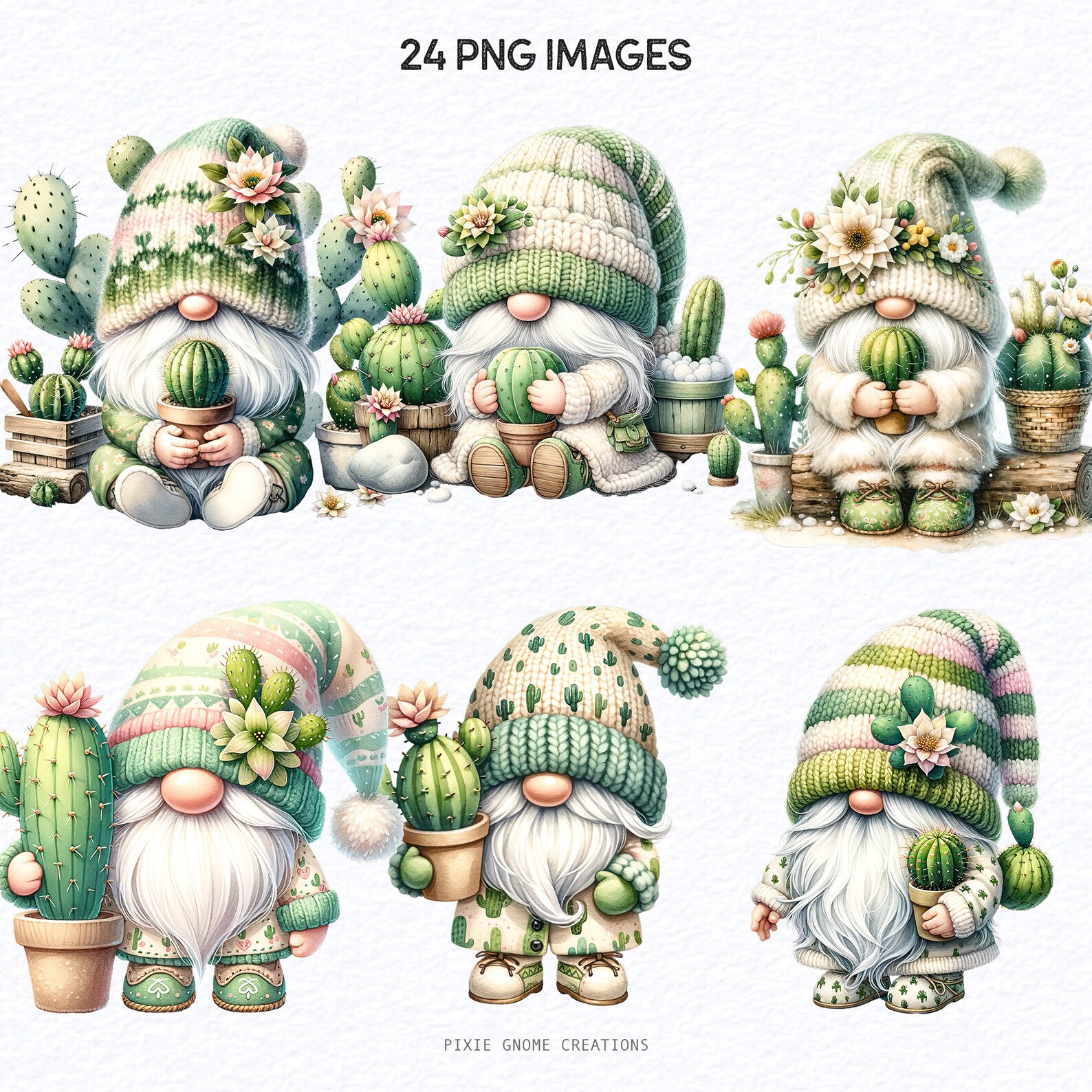 Watercolor Flowering Cactus Gnome Clipart Bundle Png, Succulent Garden ...