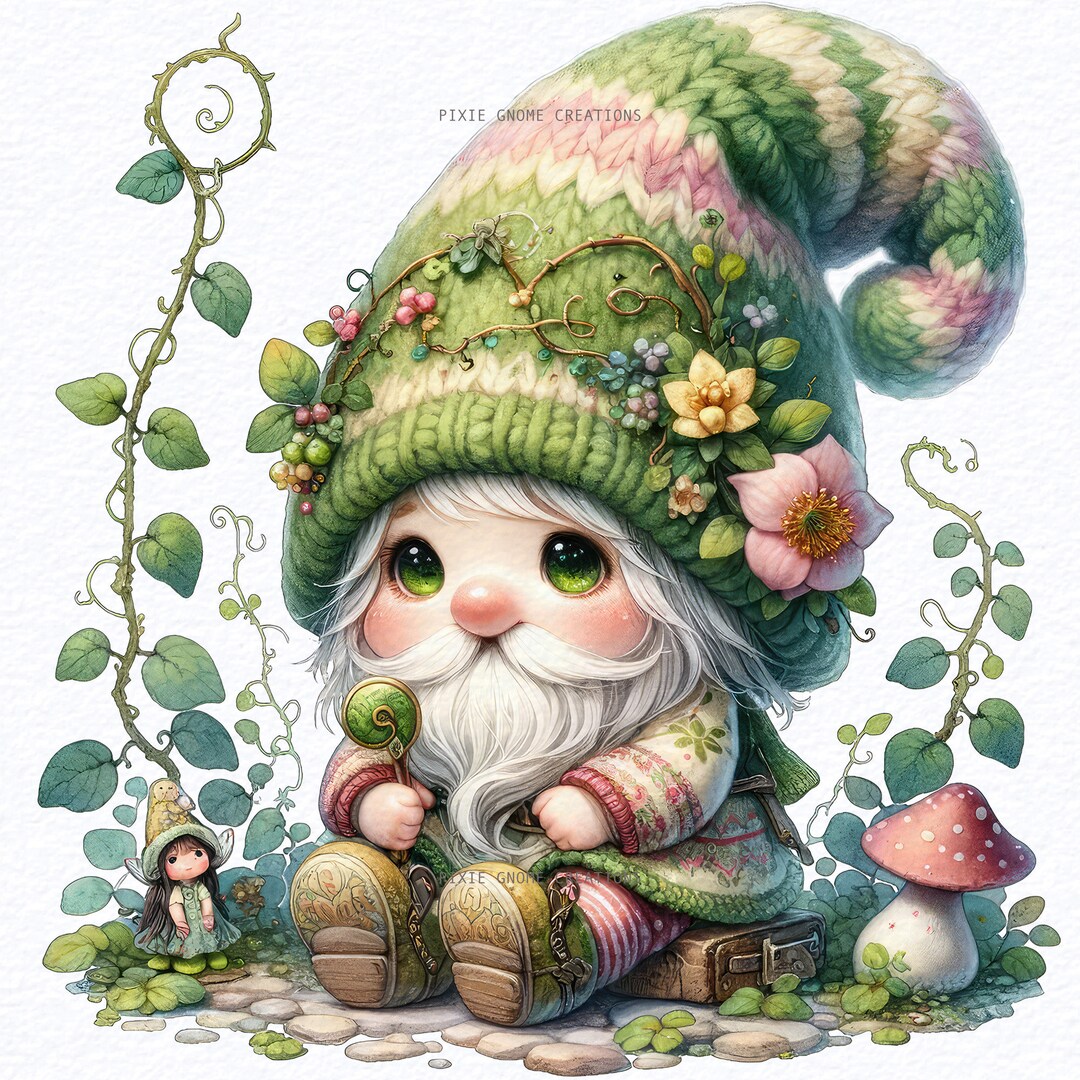 Watercolor Floral Fairy Forest Gnome Clipart PNG Bundle, Garden Gnome ...