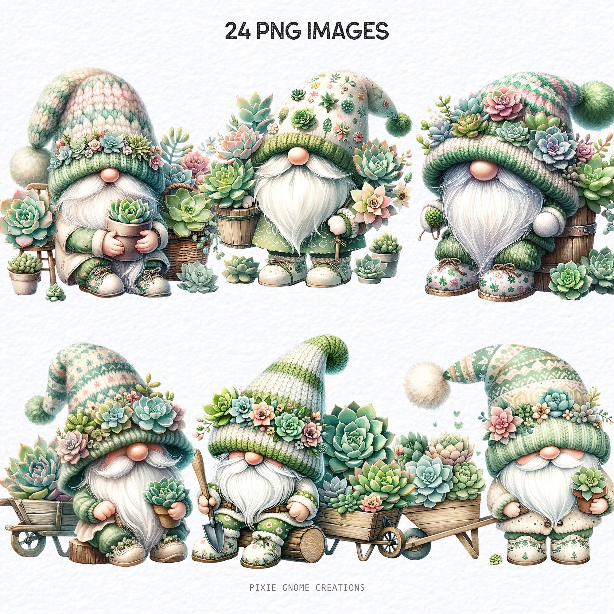 Watercolor Succulent Cactus Gnome Clipart Bundle Png, Succulent Garden ...
