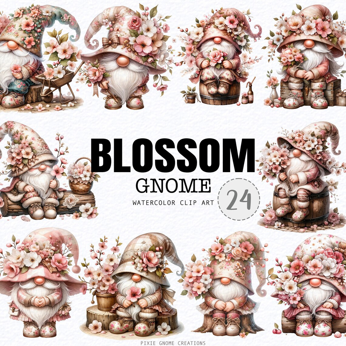 Watercolor Pink Cherry Blossom Gnomes Png, Cute Floral Gnome ...