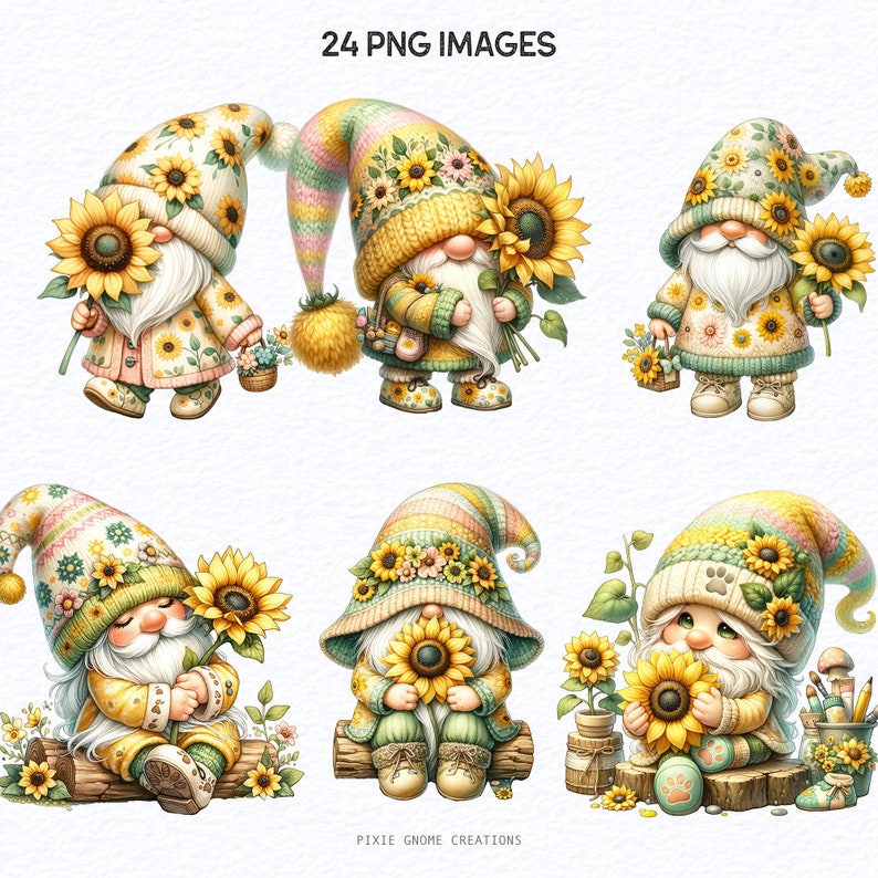 Watercolor Sunflowers Gnome Clipart Bundle Png, Garden Clipart, Spring ...