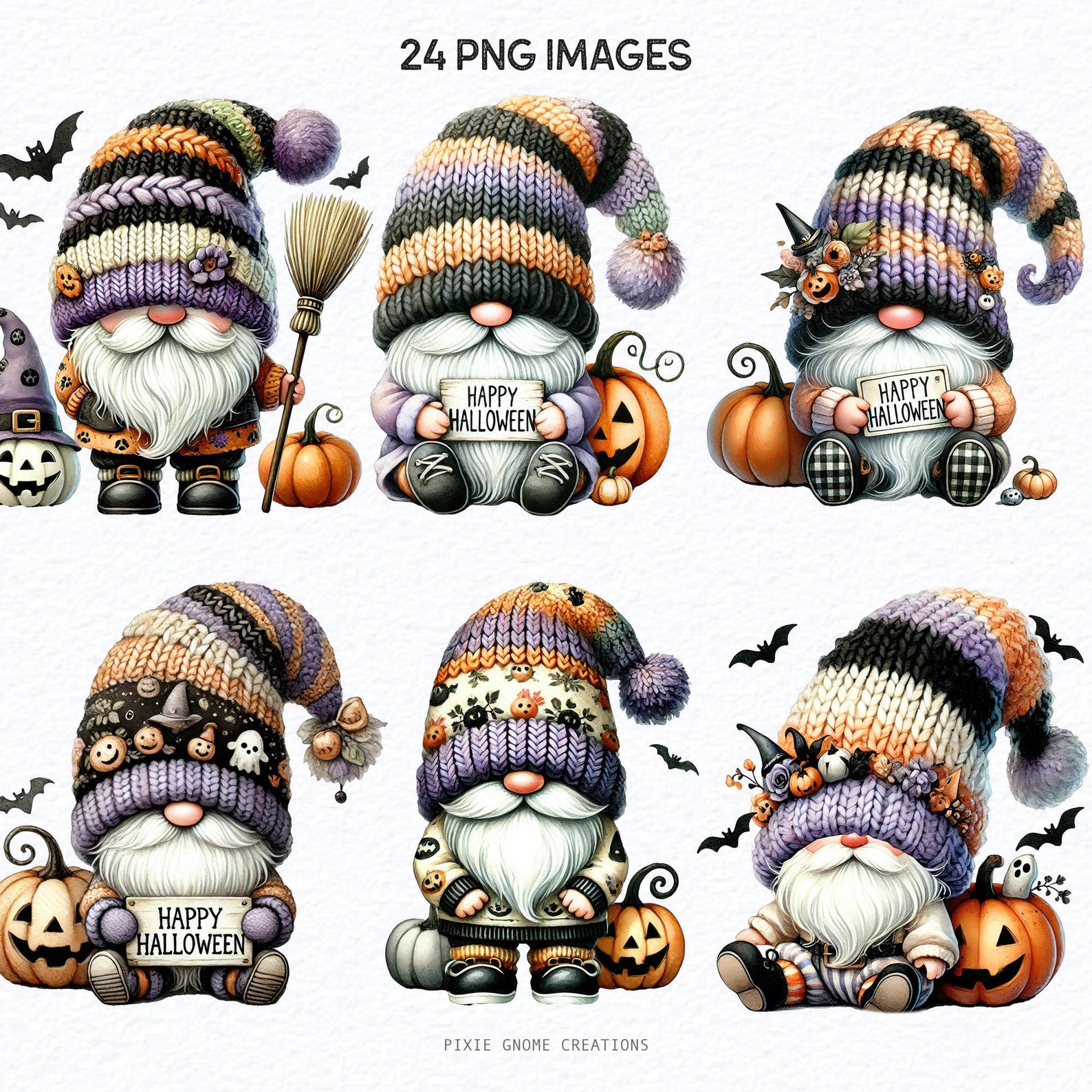 Watercolor Halloween Gnome Clipart PNG Bundle, Spooky Season Halloween ...
